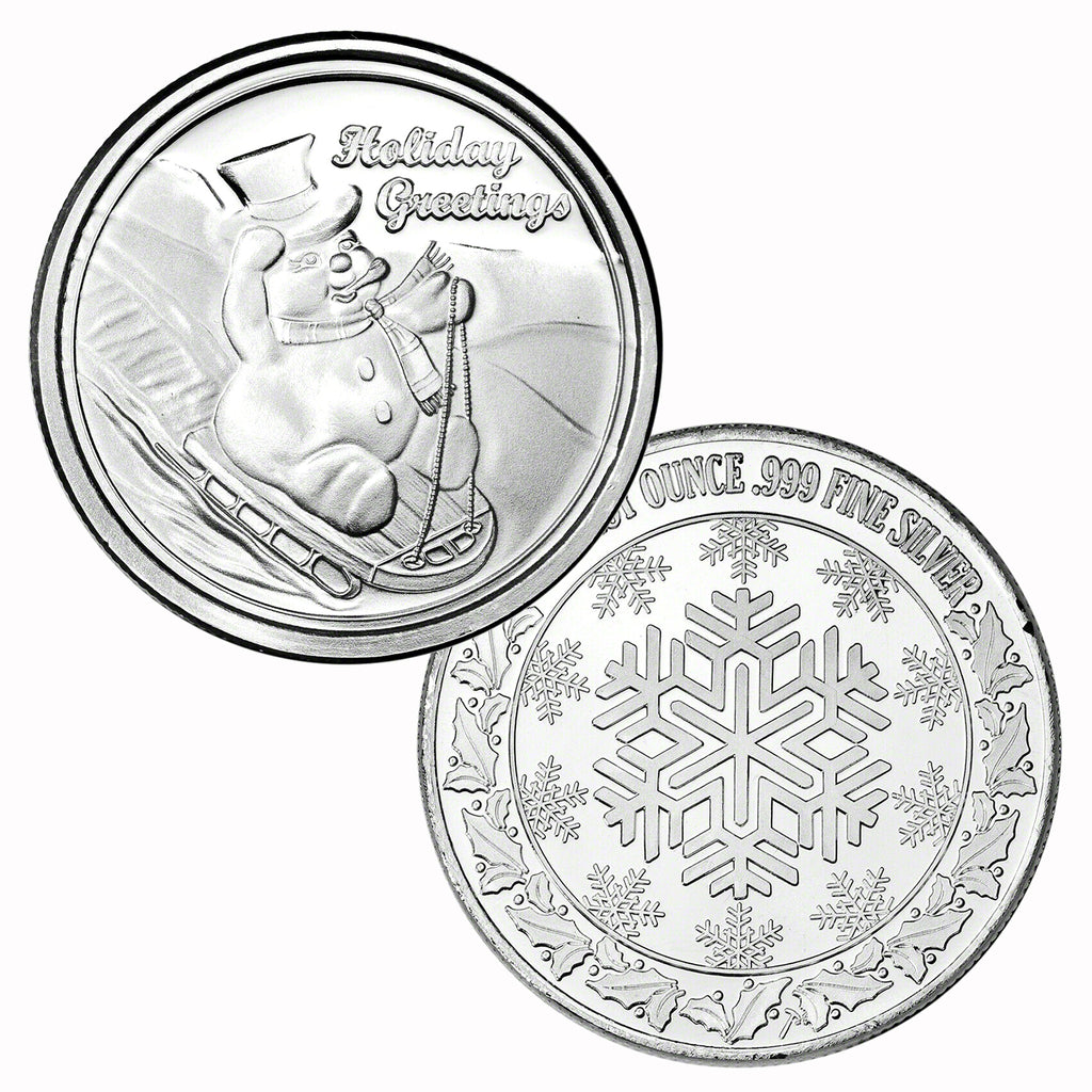 1 Ounce Silvertowne Mint .999 Silver Sledding Snowman Holiday Greeting ...