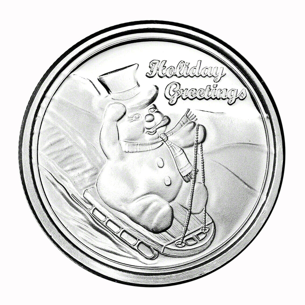 1 Ounce Silvertowne Mint .999 Silver Sledding Snowman Holiday Greeting ...