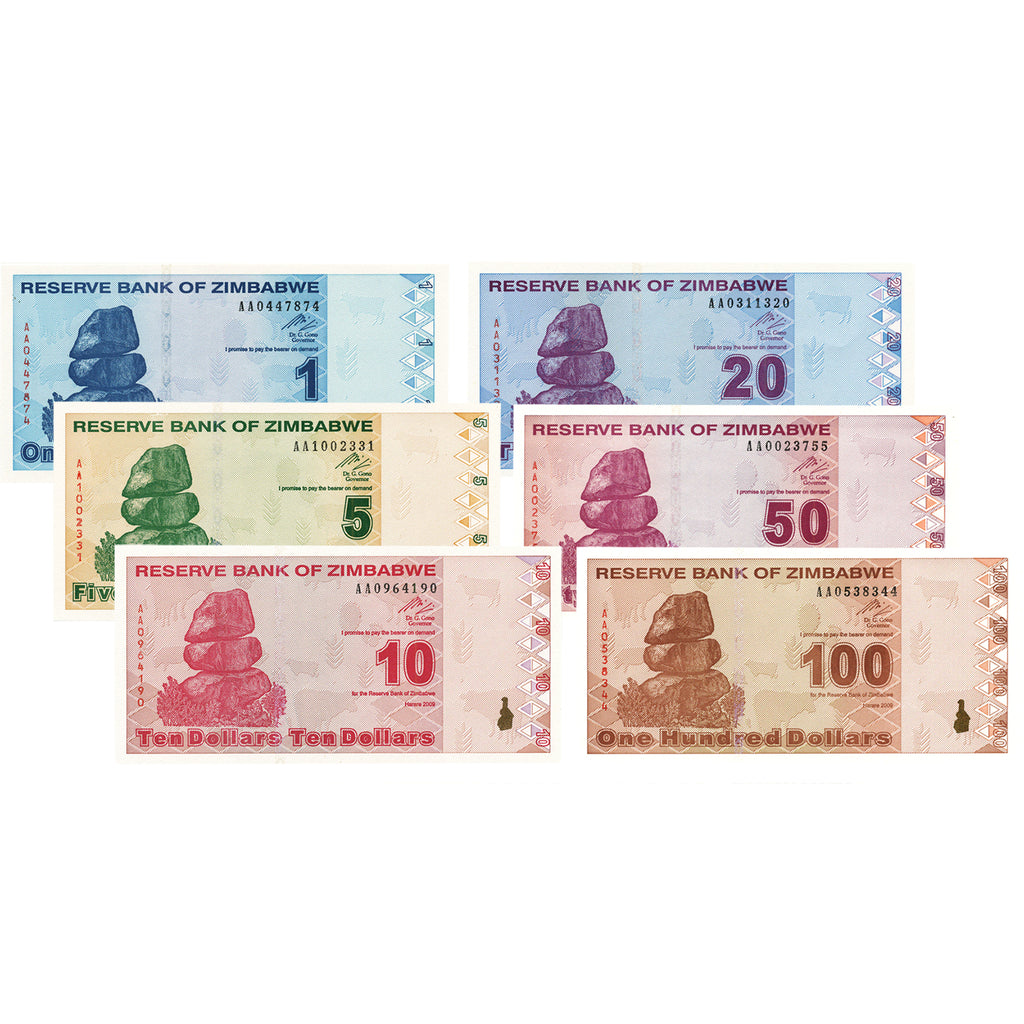 Complete Set of Low Denomination 2009 Zimbabwe Banknotes $1 | $5 | $10 ...
